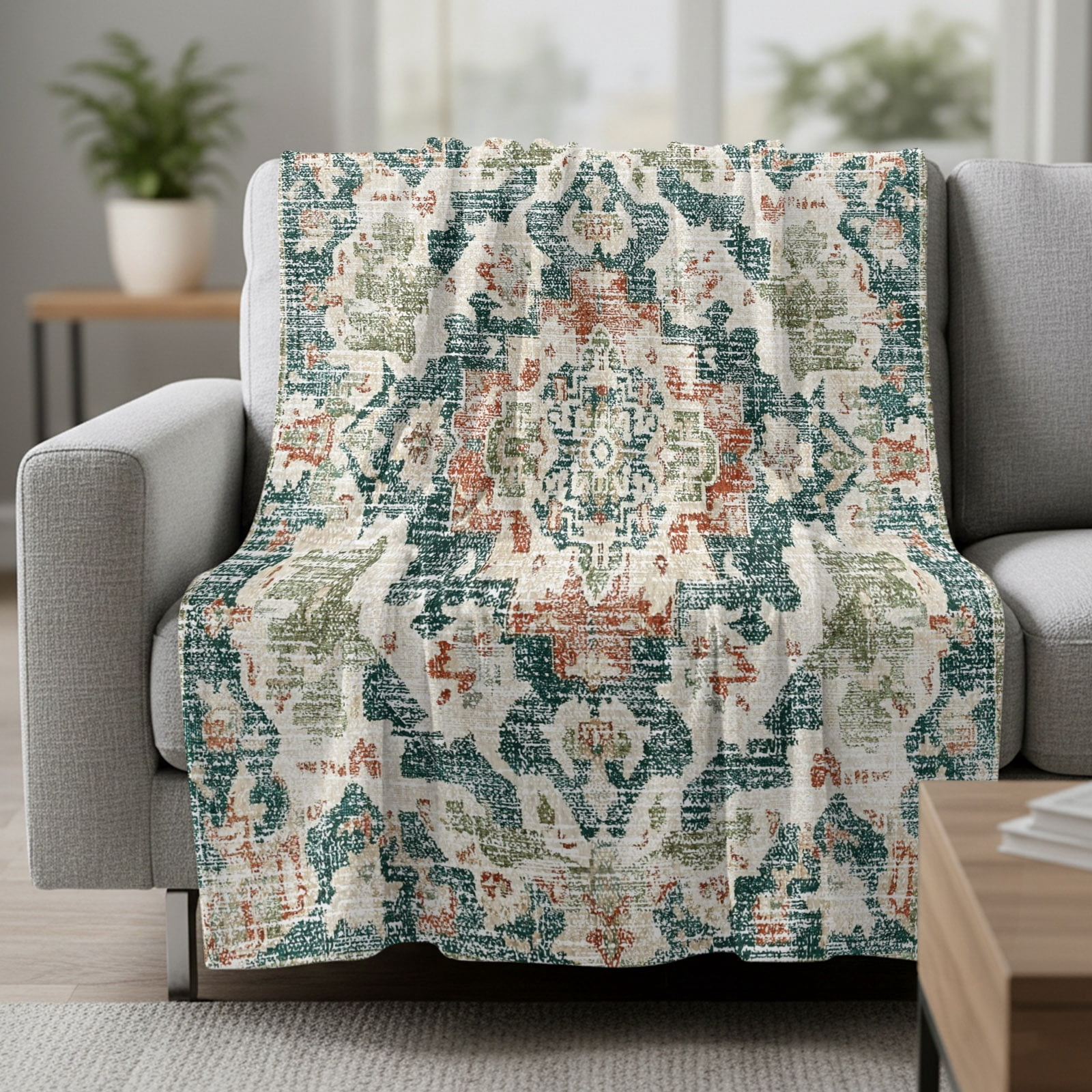 Abstract Flowers Fleece Throw Blanket Green Red Retro Medieval National ...
