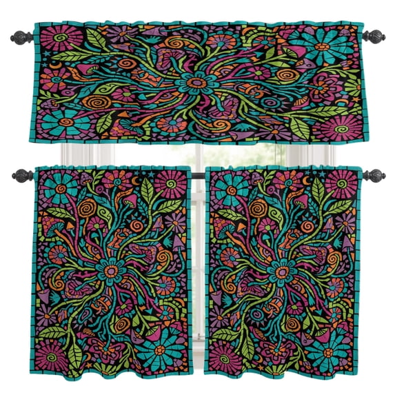 Abstract Flowers Kitchen Curtains Set for Windows, Retro Abstract Blue ...