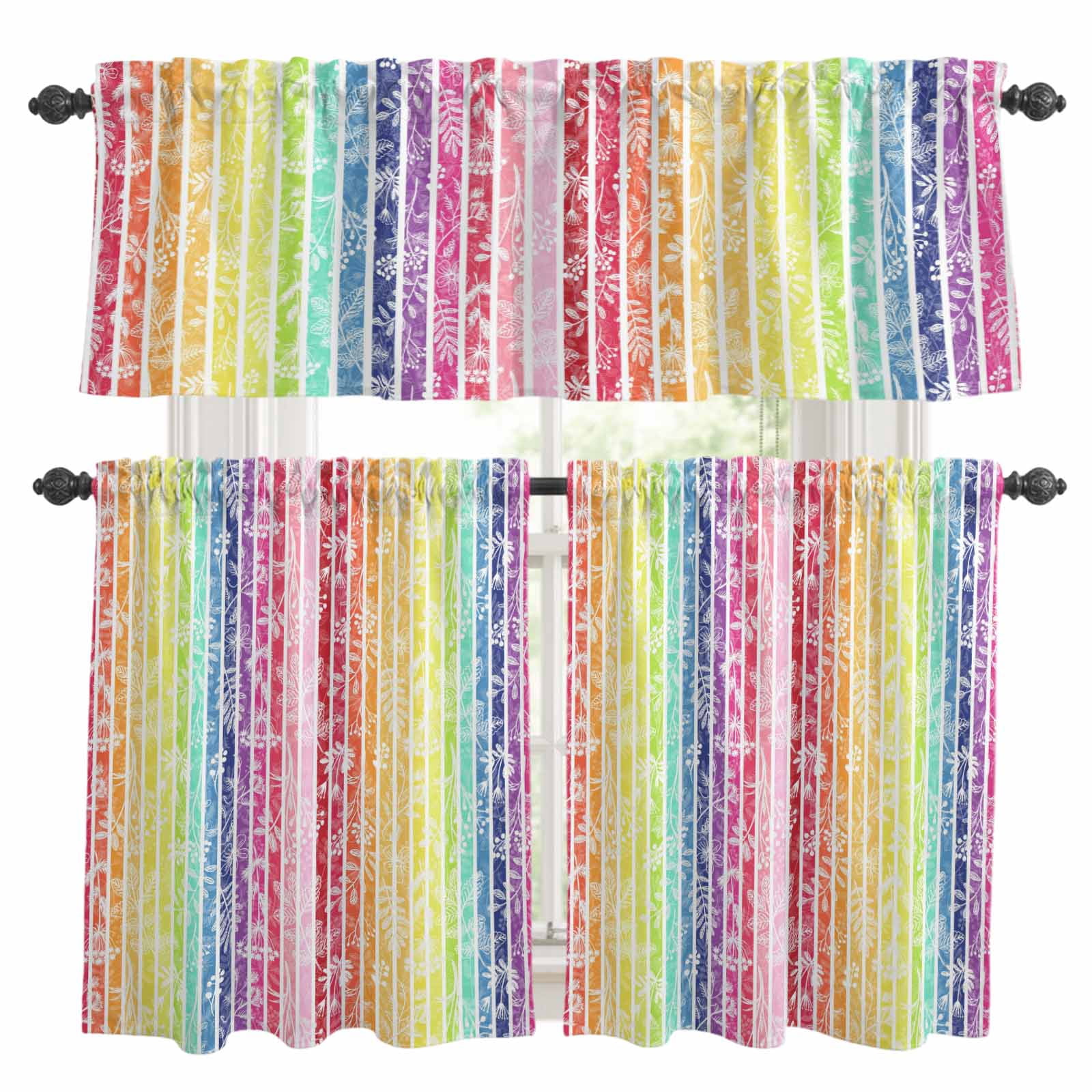 Abstract Flowers Kitchen Curtains Set for Windows, White Dandelion ...