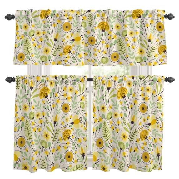 Abstract Flowers Kitchen Curtains Set for Windows, Yellow Green Floral ...