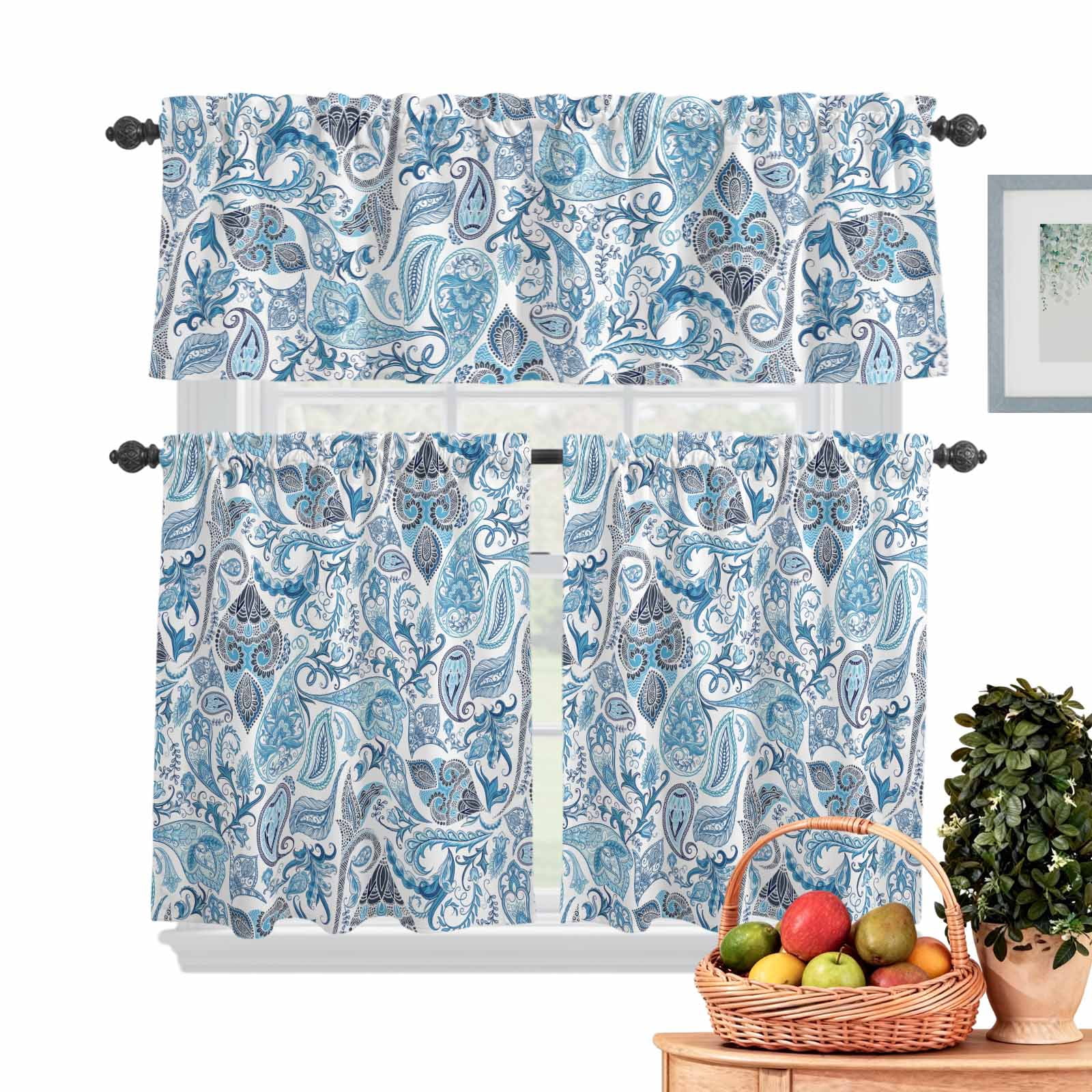 Abstract Flowers Kitchen Curtains Valances 3 Piece Set, Retro Paisley ...