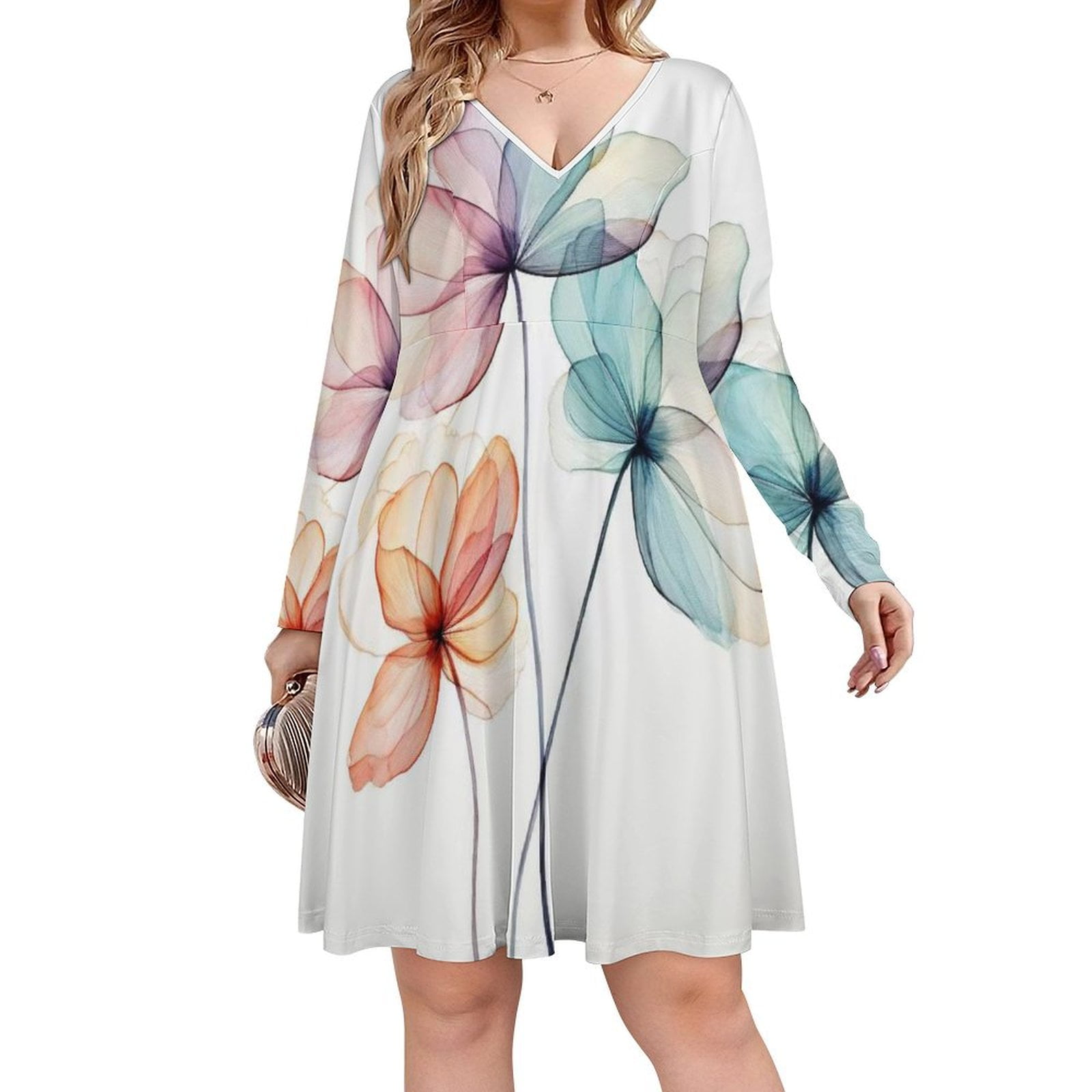 Abstract Flowers Long Sleeve Dresses For Women Vintage Elegant Party Dress Oversized V-neck ...