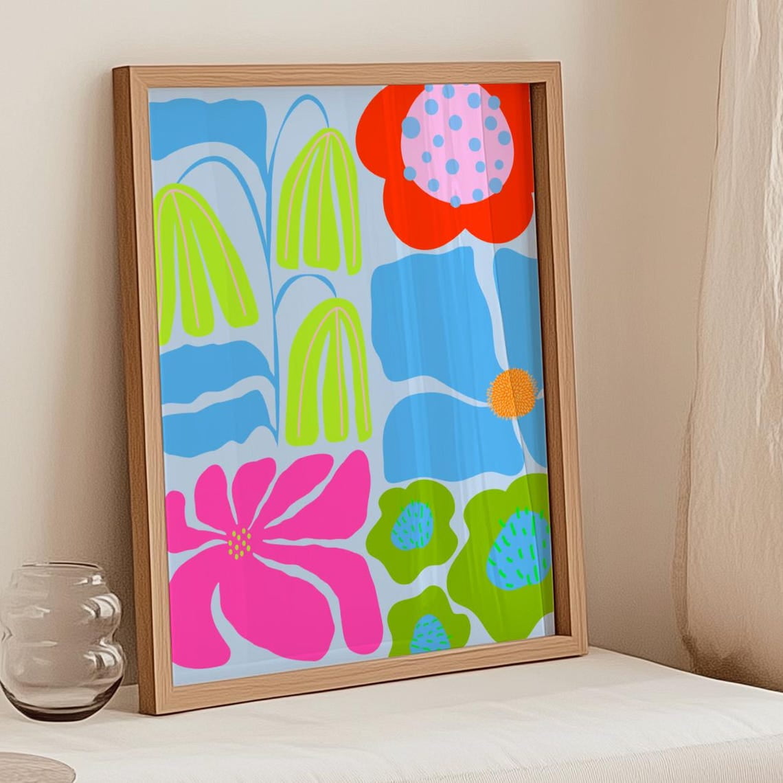 Abstract Flowers Print, Colorful Retro Floral Poster, Fluro Botanical ...