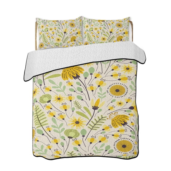 Abstract Flowers Quilts Bedding Set California King Yellow Green Floral ...