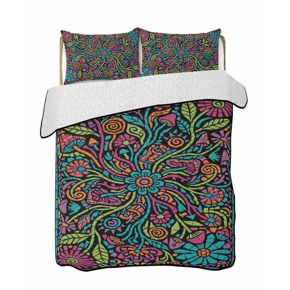 Abstract Flowers Quilts Bedding Set Queen Size Retro Abstract Blue Pink ...