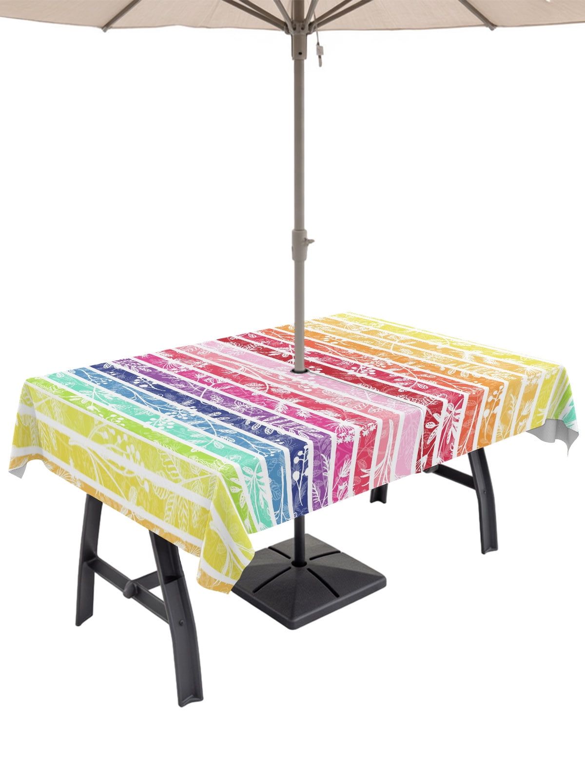 Abstract Flowers Rectangle Outdoor Tablecloth with Umbrella Hole White ...