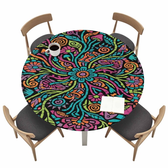 Abstract Flowers Round Fitted Tablecloth with Elastic Edge Retro ...