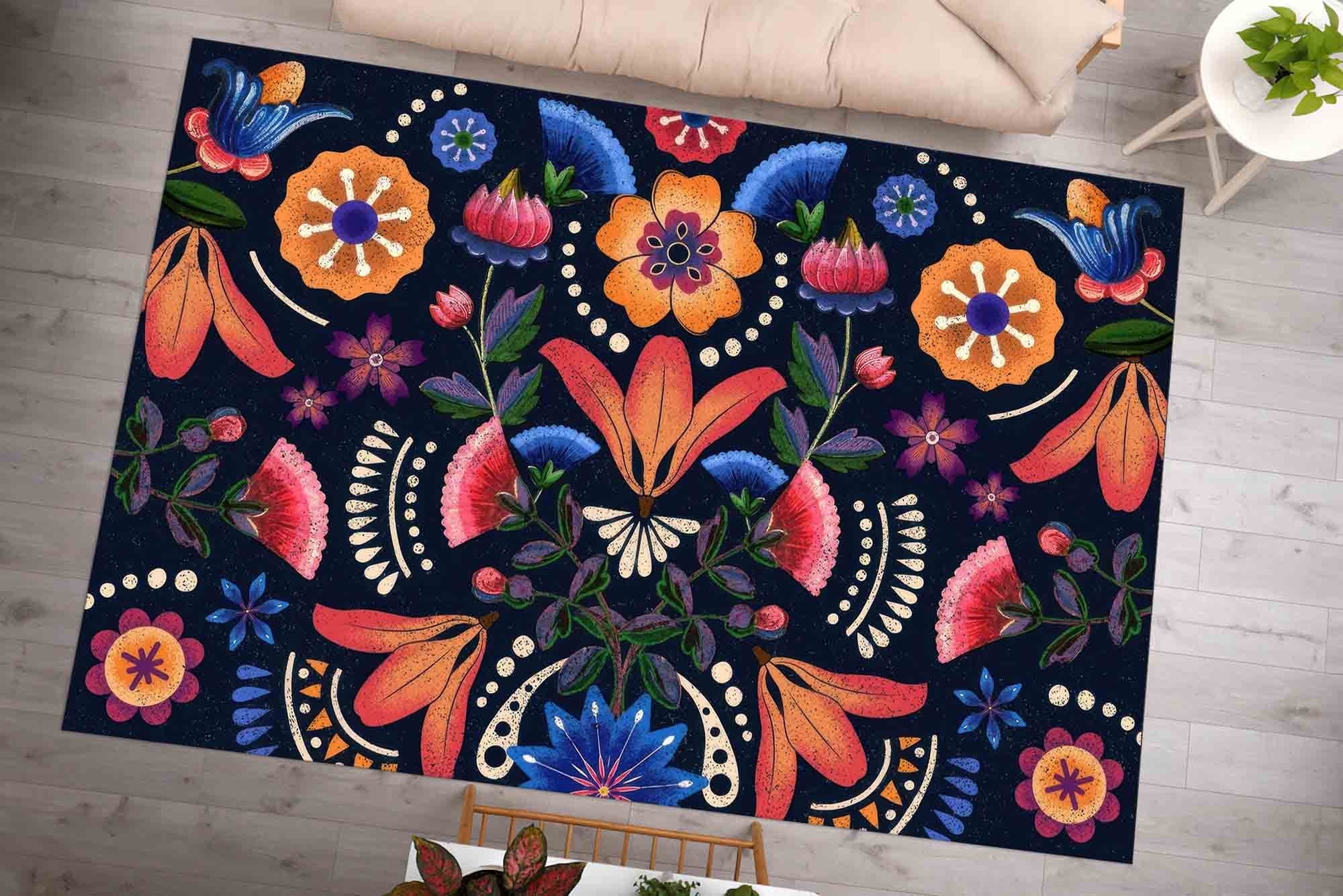 Abstract Flowers Rugs, Blue Flowers Rug, Flower Rugs, Runner Rug ...