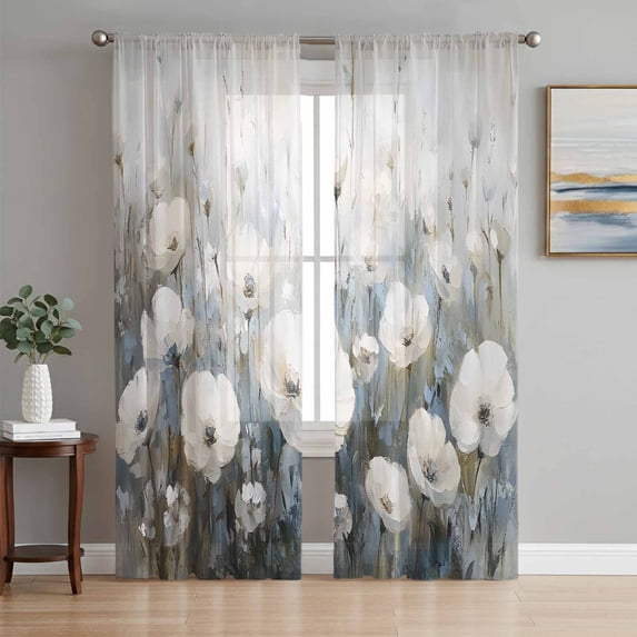 Abstract Flowers Sheer Curtains 84 Inch Length 2 Panels Set, Farmhouse ...