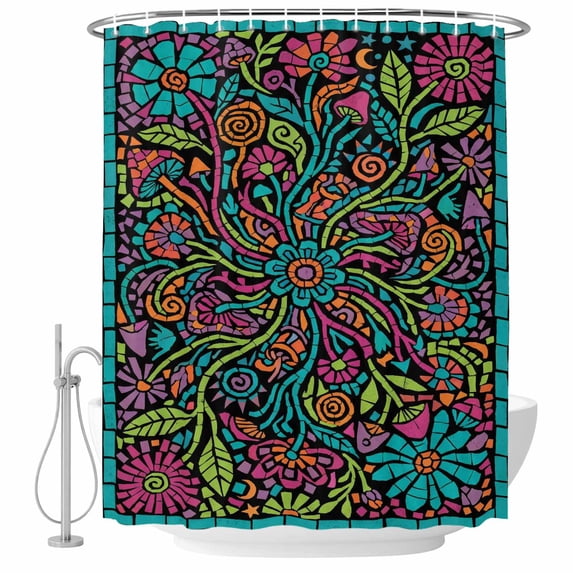 Abstract Flowers Shower Curtain for Bathroom, Retro Abstract Blue Pink ...