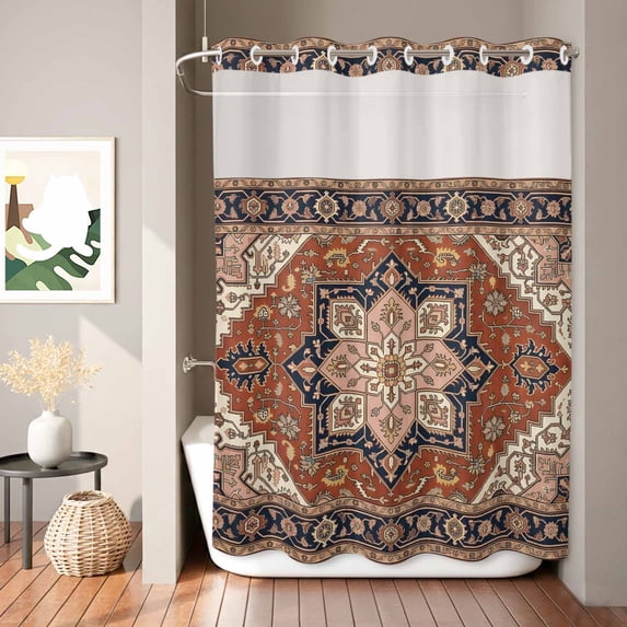 Abstract Flowers Shower Curtain, Bohemian Vintage Orange Pink Navy Blue ...