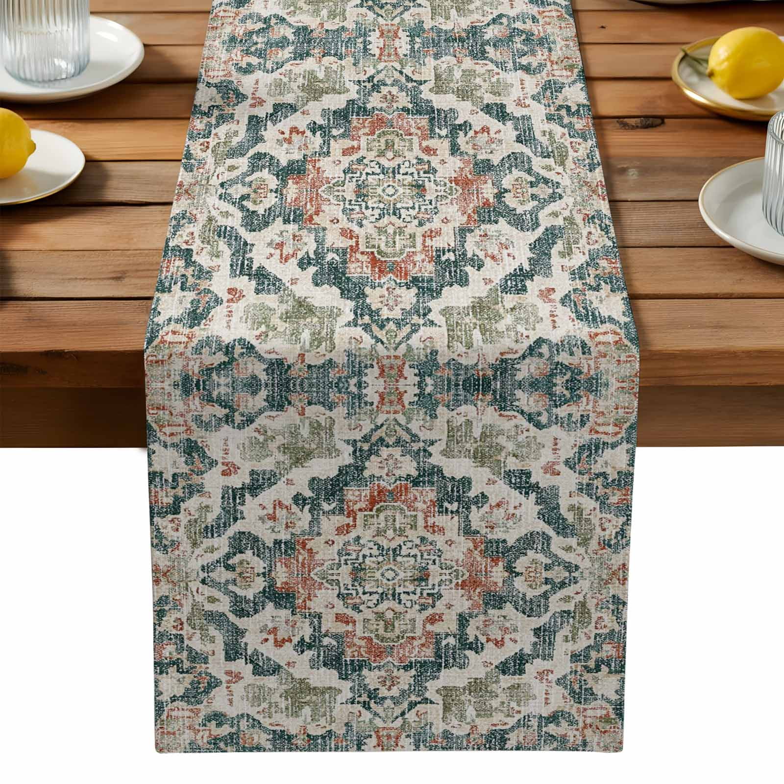 Abstract Flowers Table Runner, Green Red Retro Medieval National Style ...