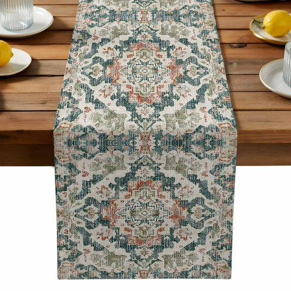 Abstract Flowers Table Runner, Green Red Retro Medieval National Style ...