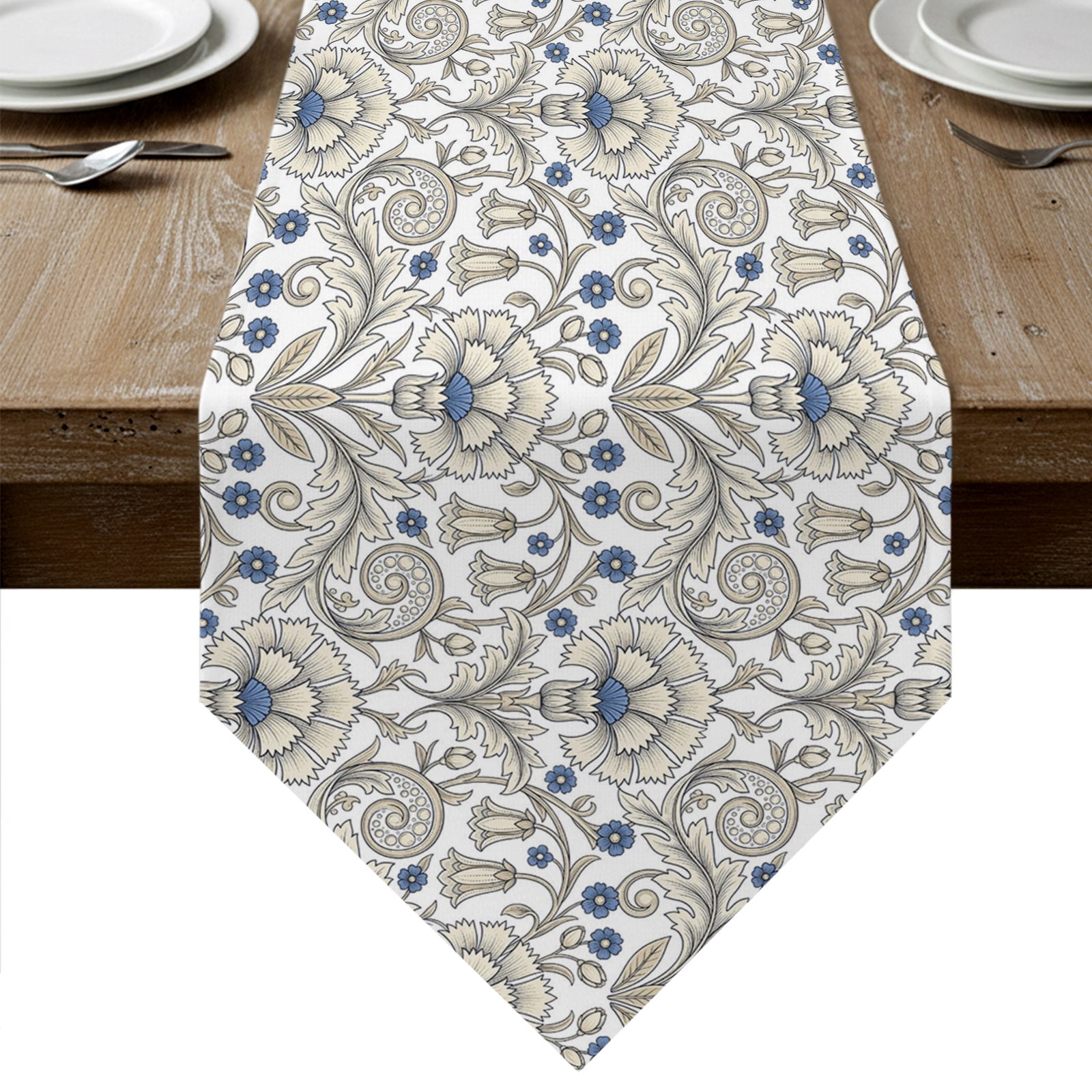 Abstract Flowers Table Runner Linen Burlap Table Runner 108 Inches Long ...