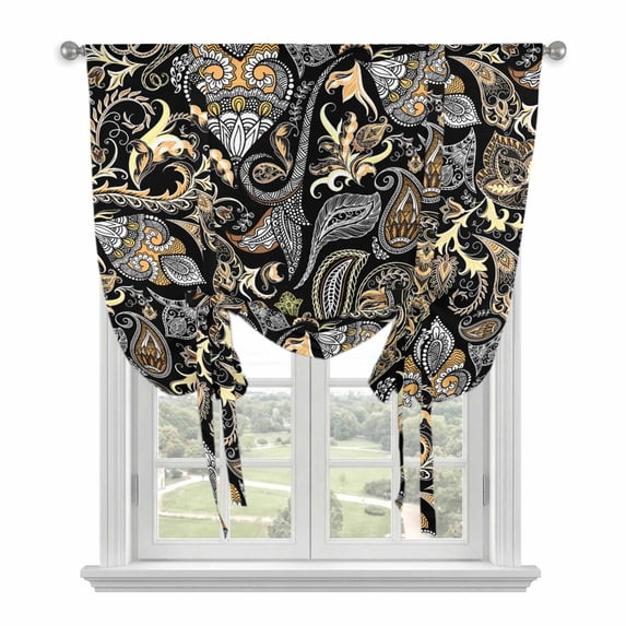 Abstract Flowers Tie Up Curtains, Retro Paisley Floral Pattern Black ...
