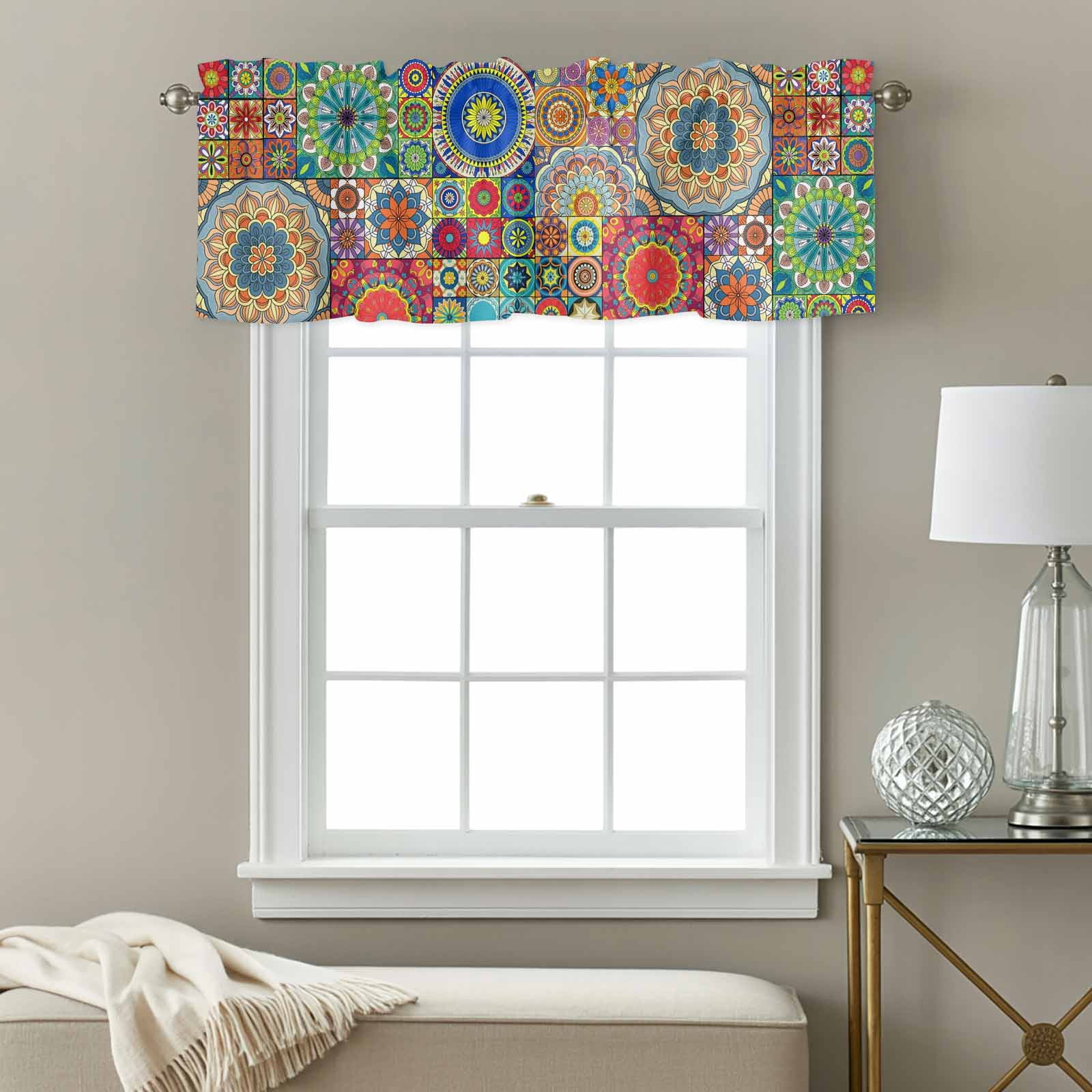 Abstract Flowers Window Valance for Kitchen, Ethnic Style Colorful ...