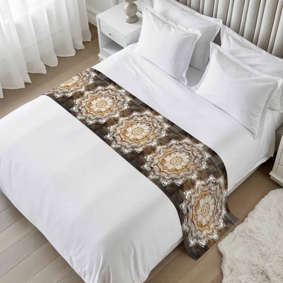 Abstract Flowers Yellow Bed Runner Scarf, Vintage Wood Grain Queen Bed ...