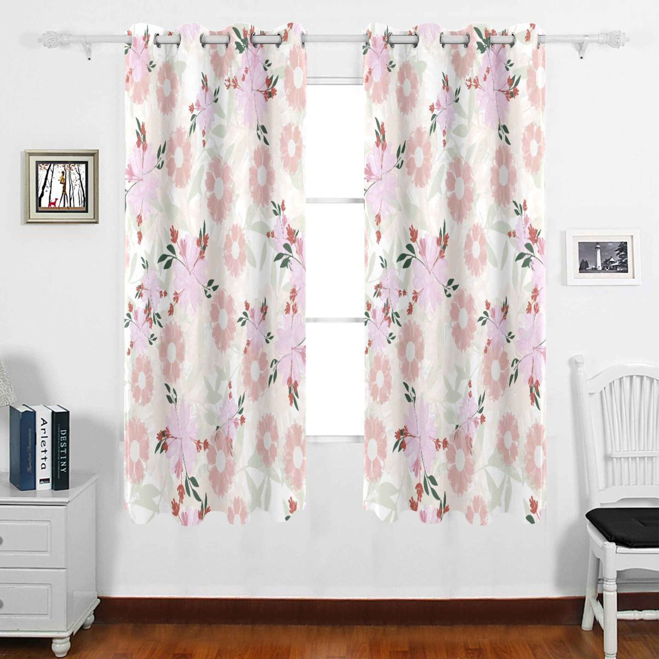 Abstract Flowers with Pink Grommet Blackout Curtains Thermal Insulated ...