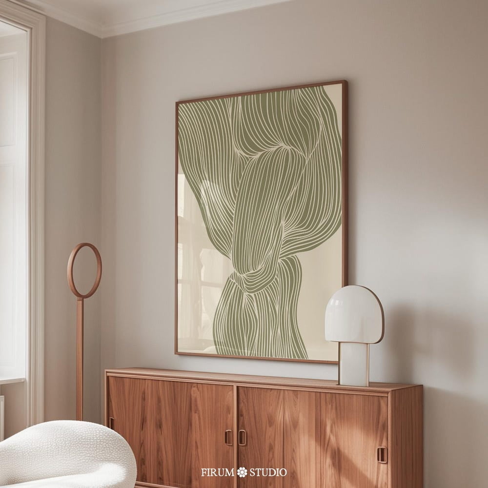 Abstract Flowing Lines Sage Green Print Art, Minimal Japandi Design For ...