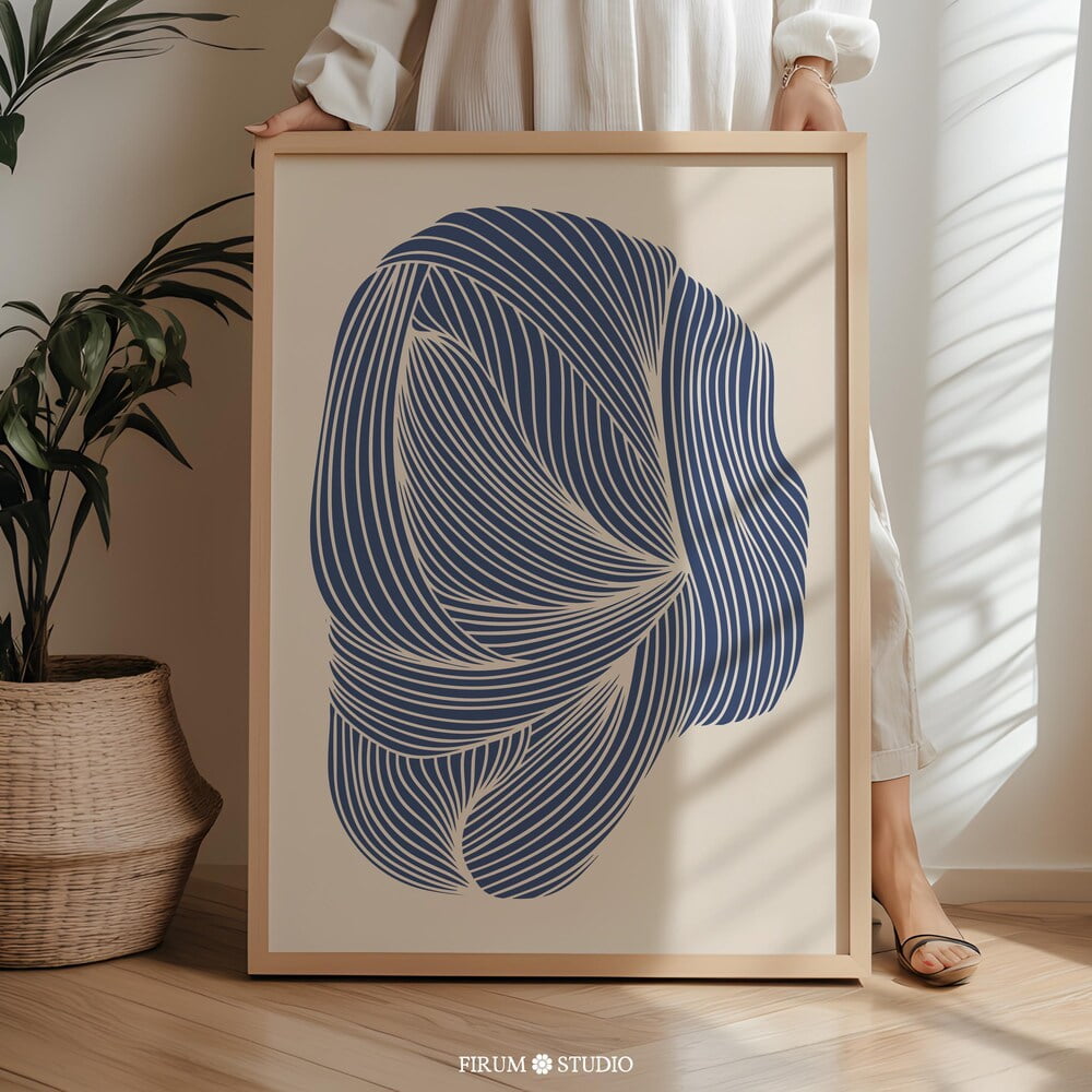 Abstract Flowing Navy Line Art Print, Modern Minimalist Design, Mid ...