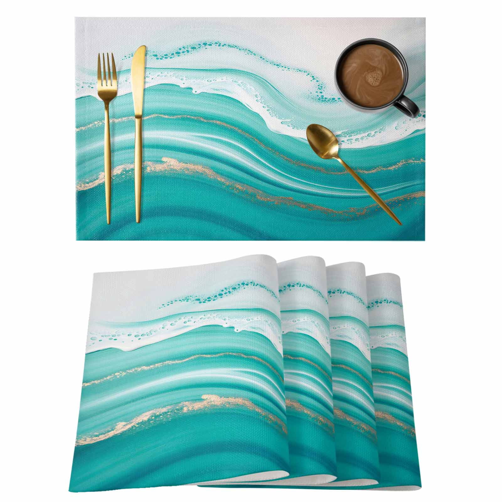 Abstract Fluid Art Cotton Linen Placemats Set of 6, Mottled Blue ...