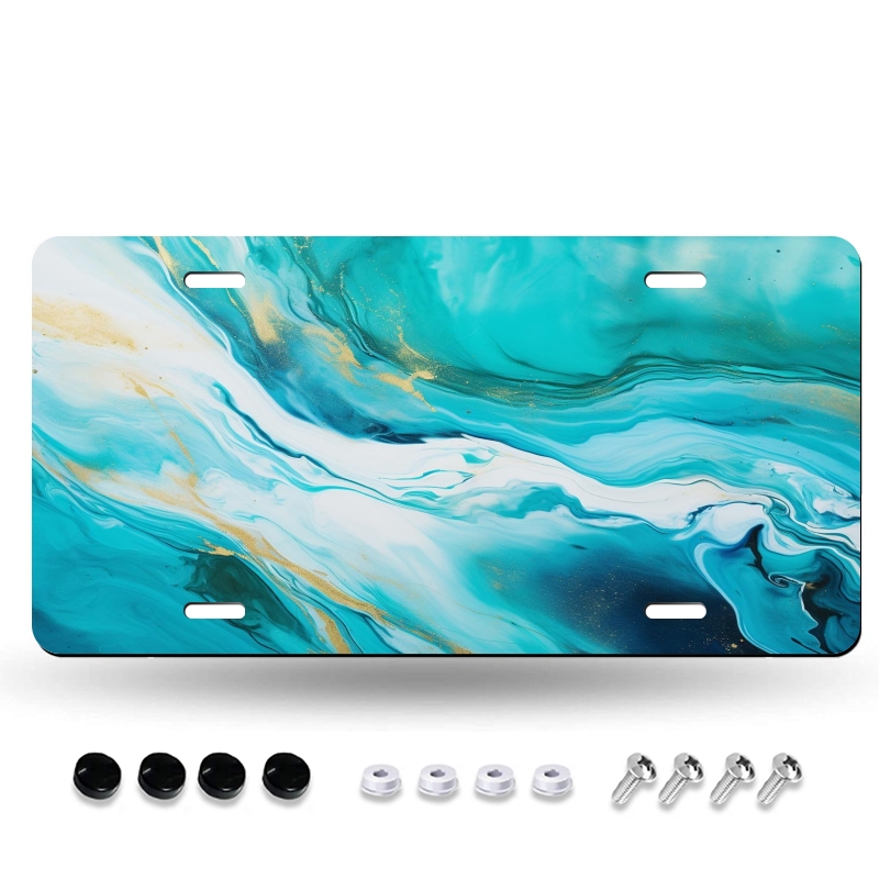 Abstract Fluid Art Painting with Turquoise and Blue Front License Plate ...