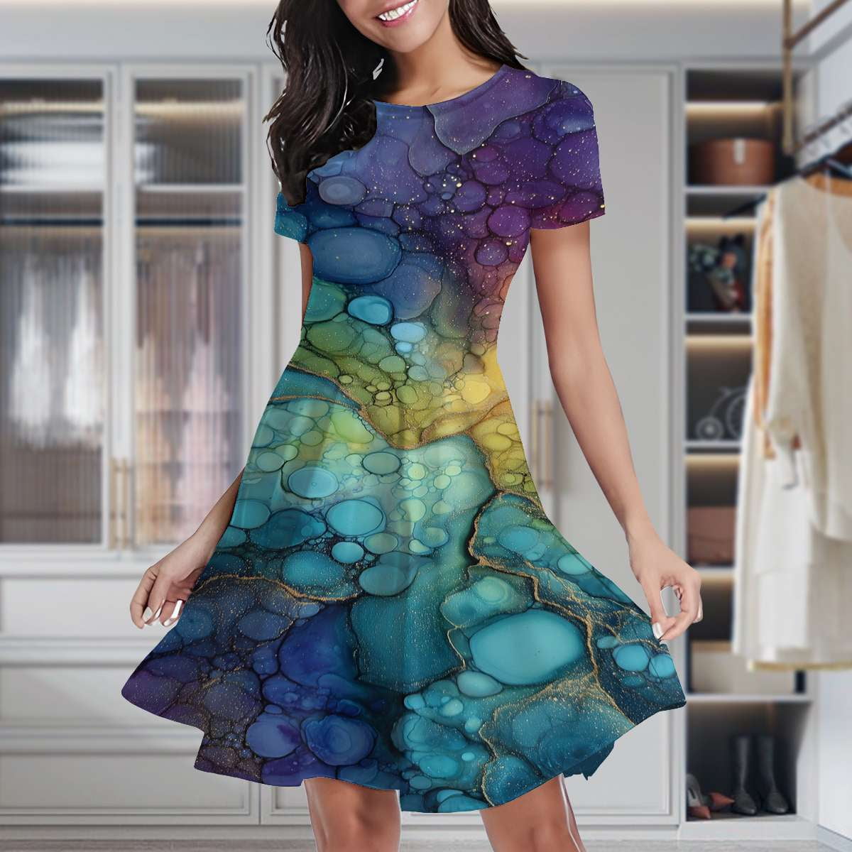 Abstract Fluid Art Women's Classic Swing Skater Dress Casual Work Party ...