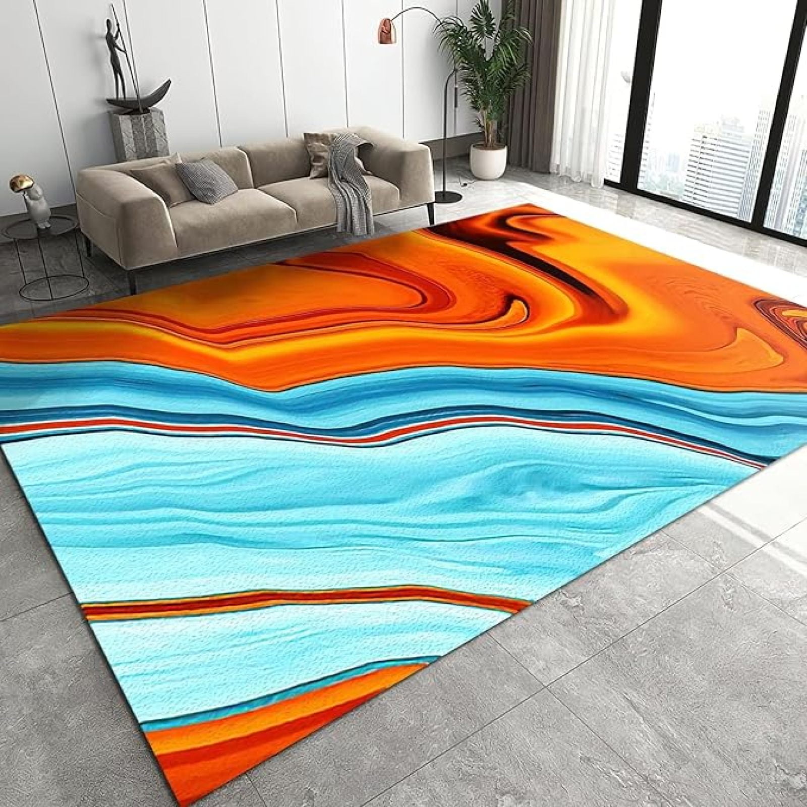 Abstract Fluid Ice Fire Art Area Rug, Orange Blue Geometric Stripes Non ...