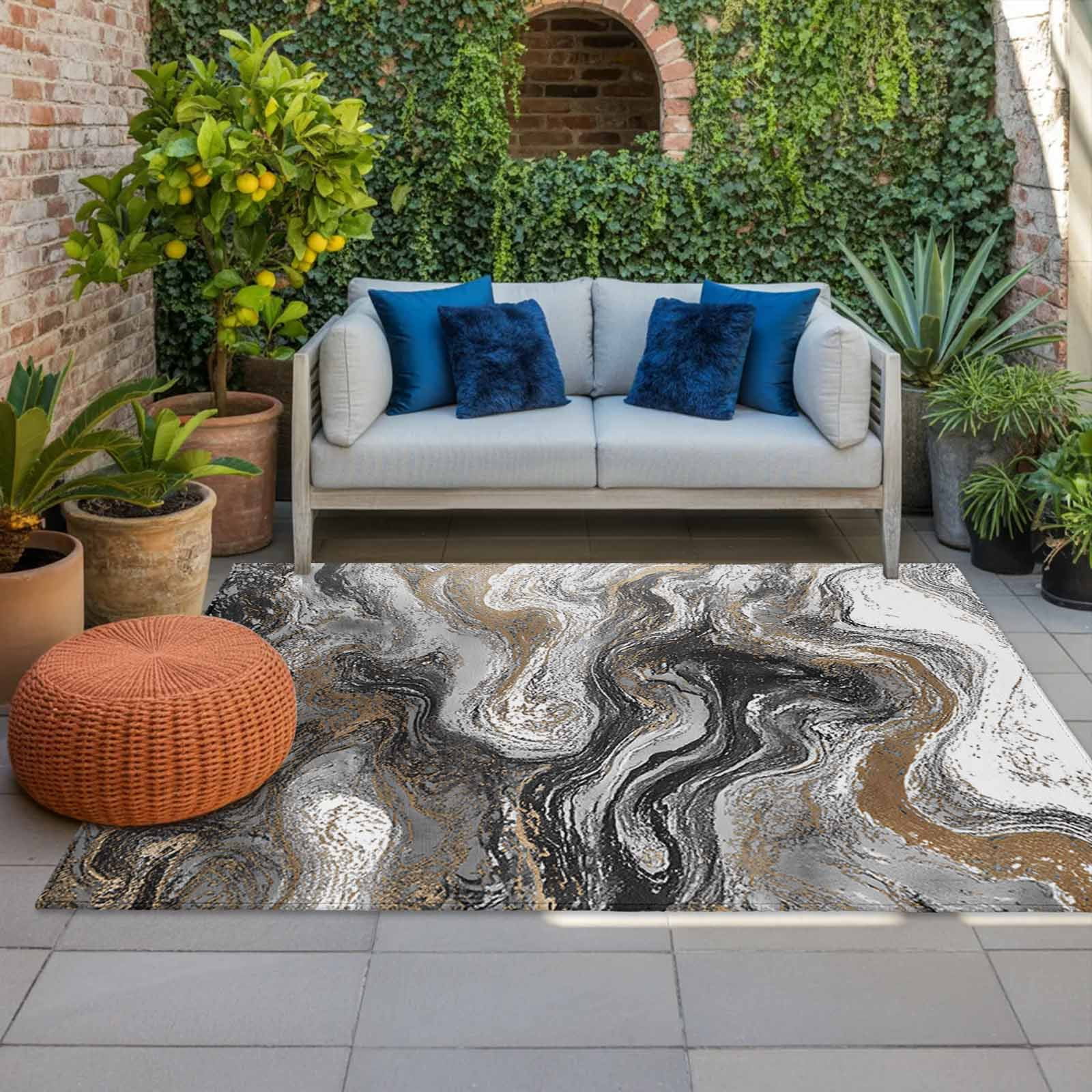 Abstract Fluid Indoor Outdoor Rugs 3x5 Ft, Vintage Gold Black Marble ...