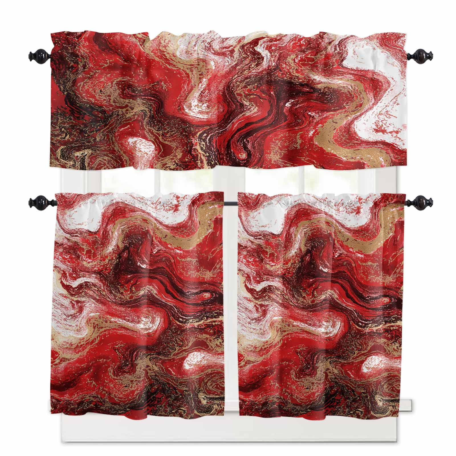 Abstract Fluid Kitchen Curtains Valance and Tier Set Vintage Gold Red ...