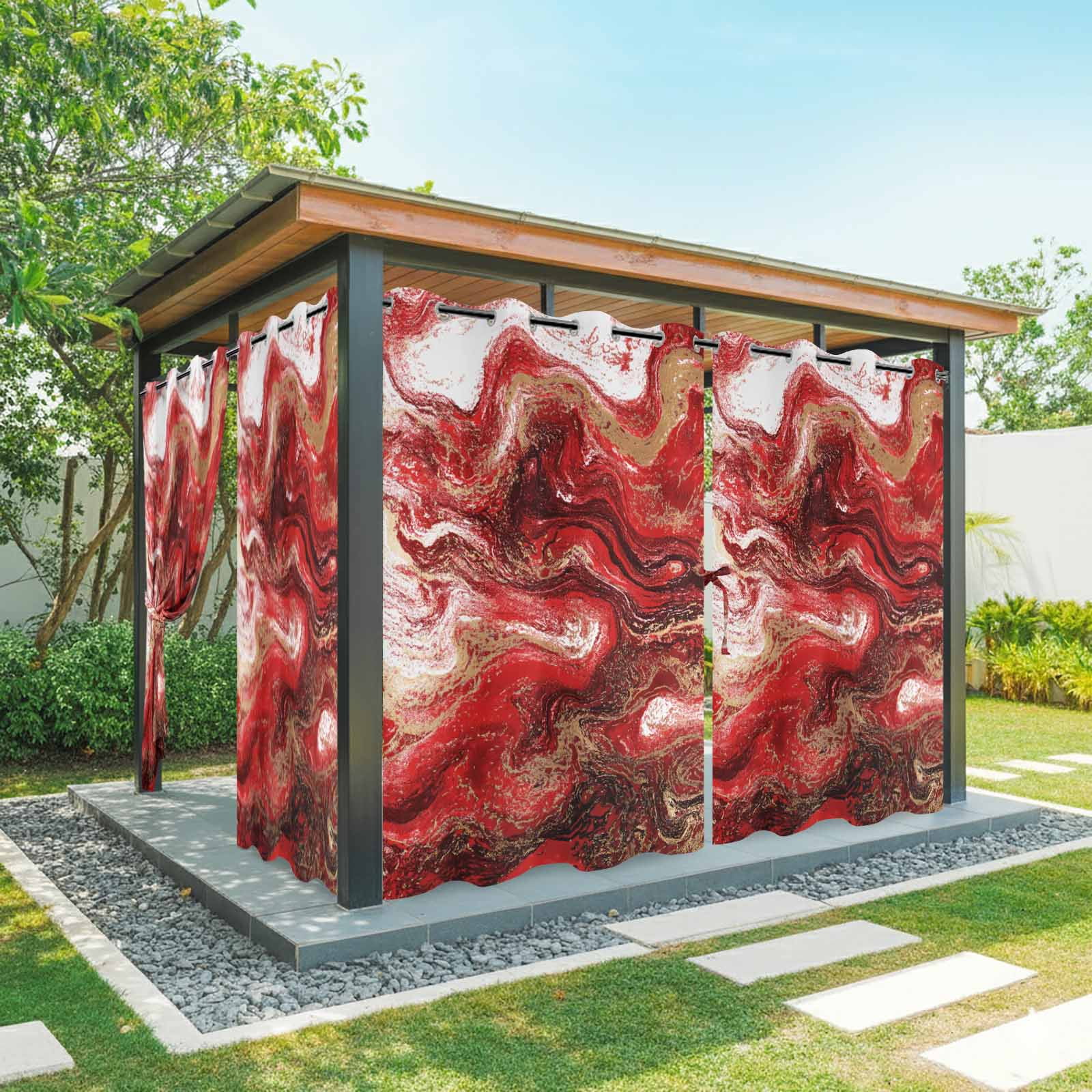 Abstract Fluid Outdoor Curtains for Patio Waterproof, Vintage Gold Red ...