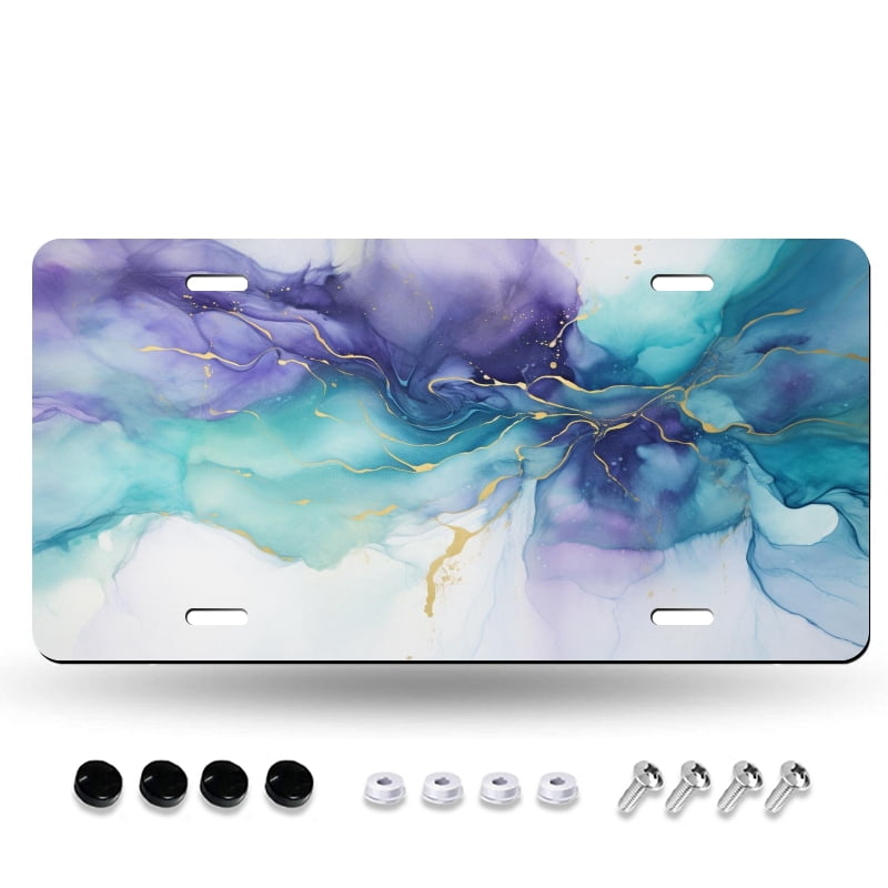 Abstract Fluid Painting in Blue - Purple with Gold License Plate Frame ...