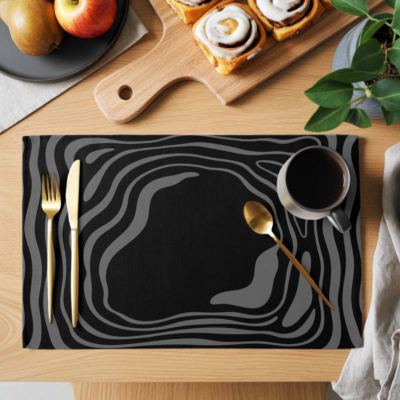 Abstract Fluid Pattern Placemats Set of 6 Modern Minimalist Black Gray ...