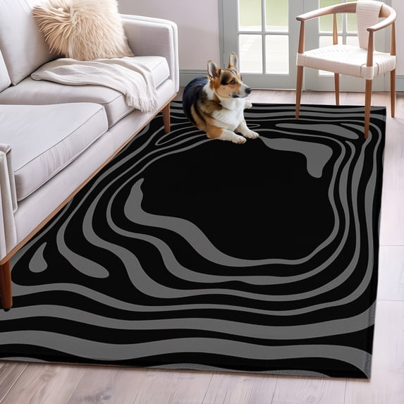 Abstract Fluid Pattern Washable Area Rug 3x5 Modern Minimalist Black ...