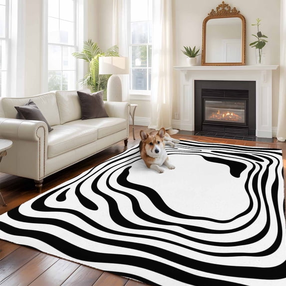 Abstract Fluid Pattern Washable Area Rug 5x7 Modern Minimalist Black ...