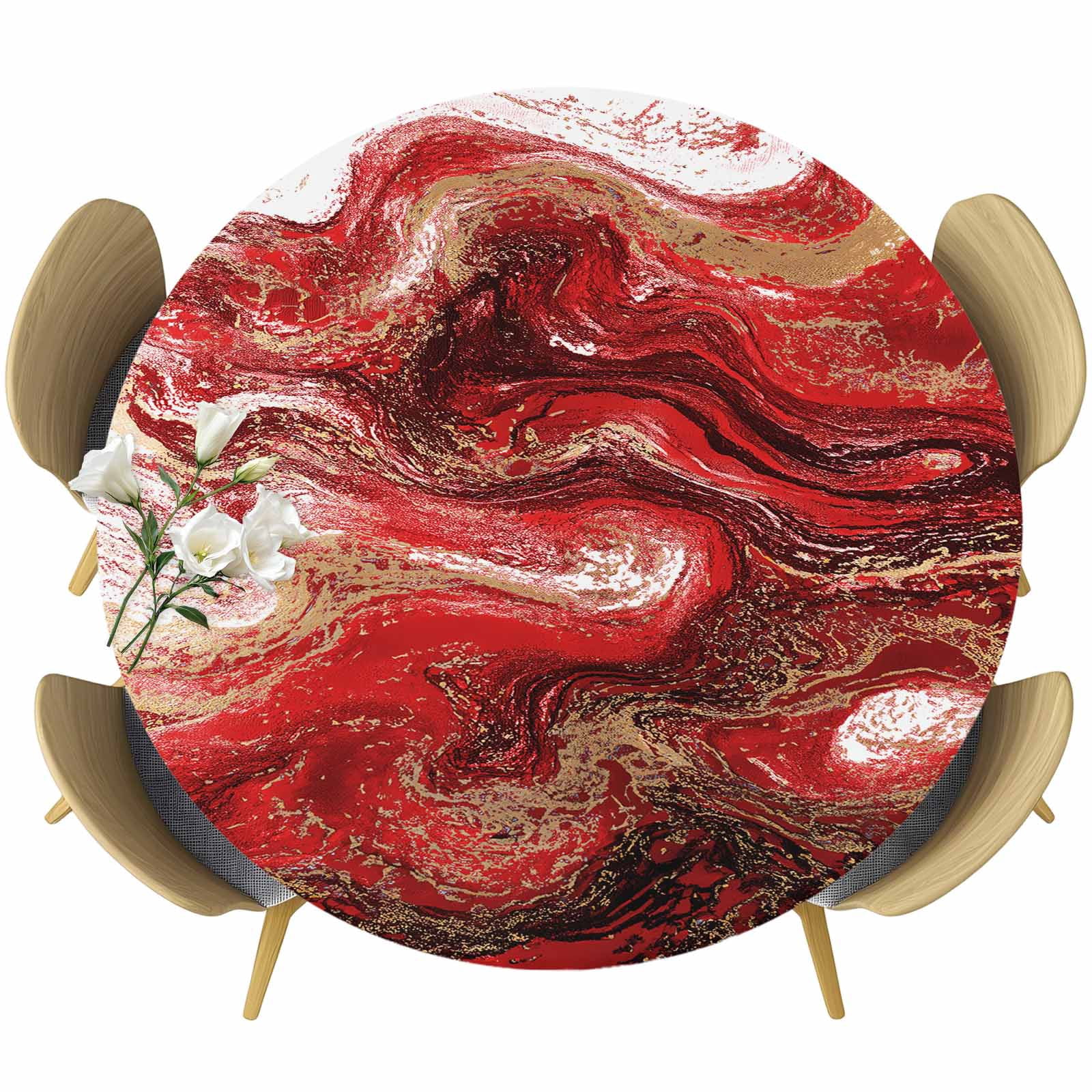 Abstract Fluid Round Fitted Table Cover Vintage Gold Red Marble Texture ...