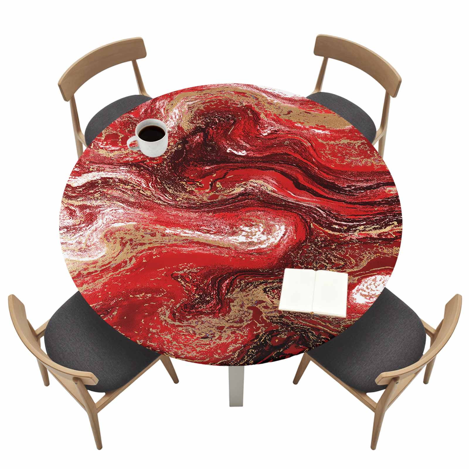 Abstract Fluid Round Fitted Tablecloth with Elastic Edge Vintage Gold ...