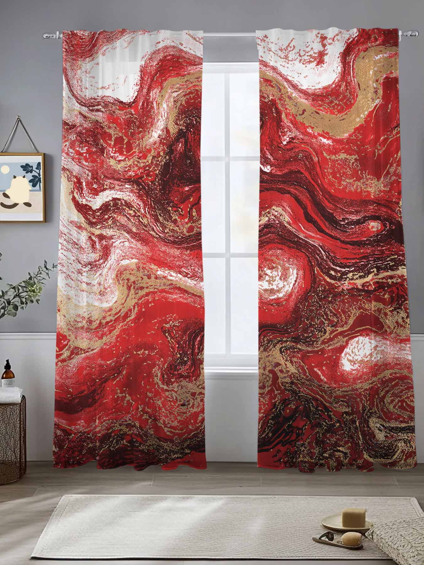 Abstract Fluid Sheer Curtains 96 Inches Long 2 Panels Vintage Gold Red ...