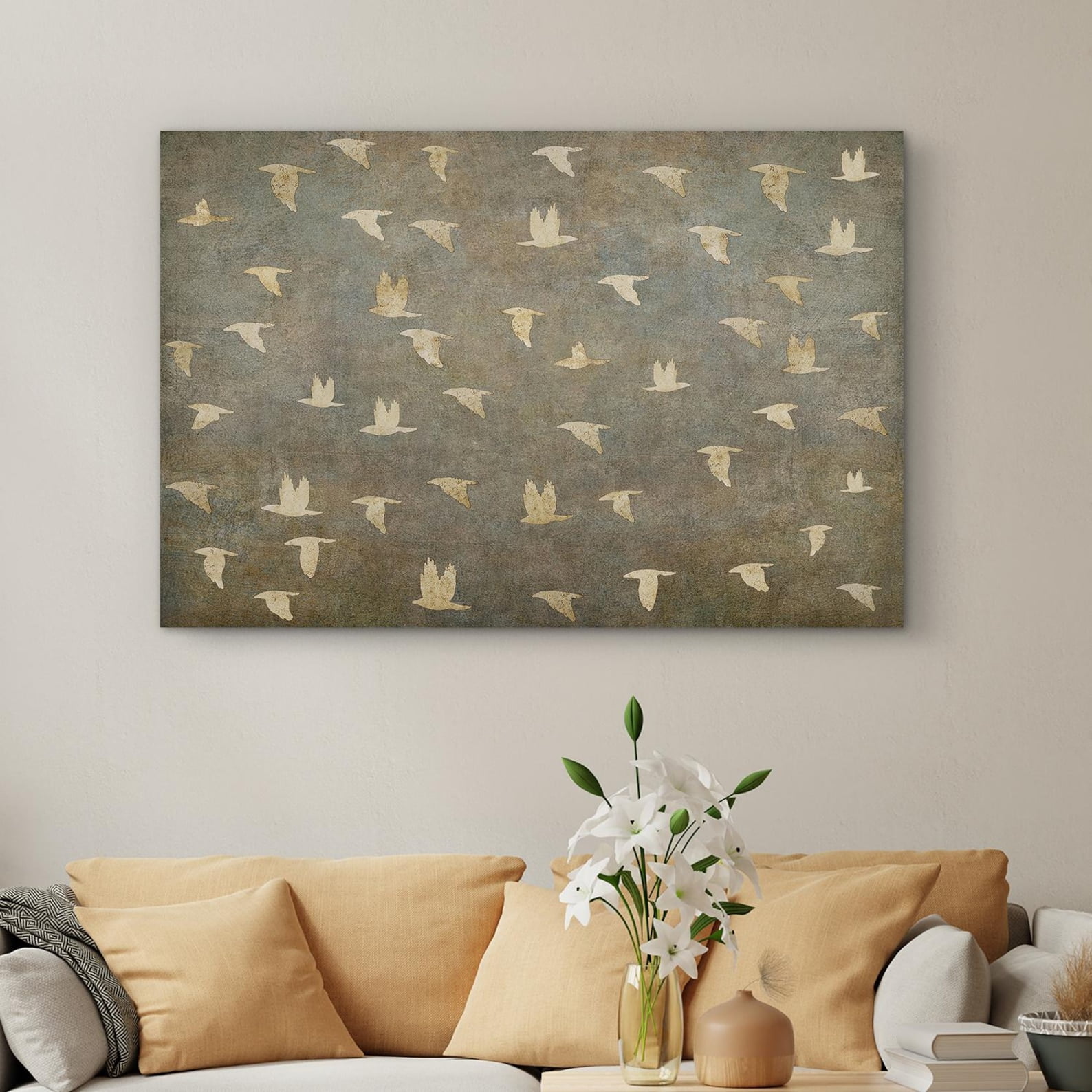 Abstract Flying Flock of Birds in Neutral Tones Rustic Nature Wall ...