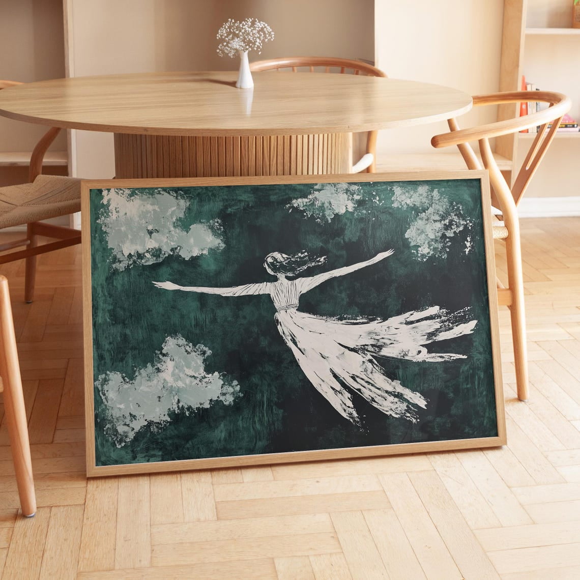 Abstract Flying Woman In The Sky Art Minimalist Dark Green Movement ...