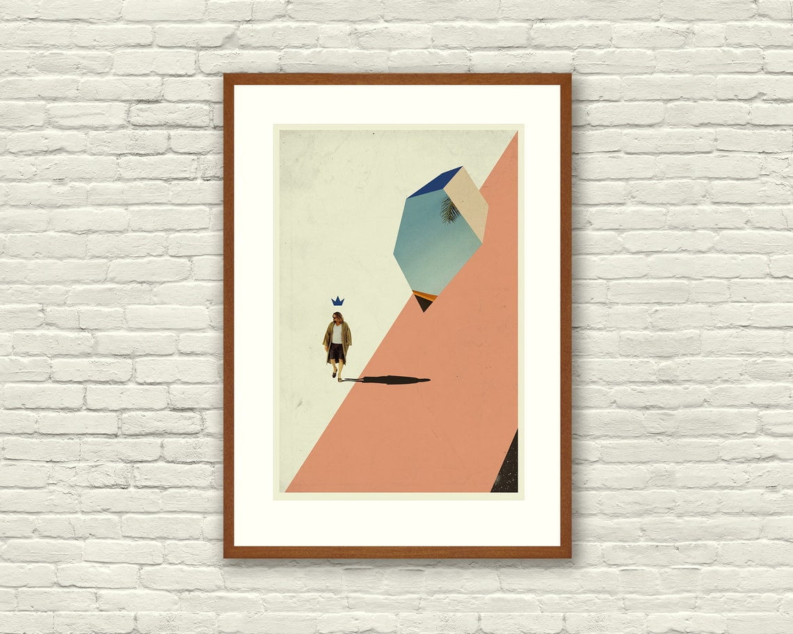 Abstract Folk Singer Guitar Cut Paper Collage Coral Blush Mid-Century ...