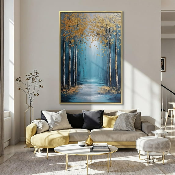 Abstract Forest Art Golden Trees, Blue Woods Scenery Poster Decor For ...