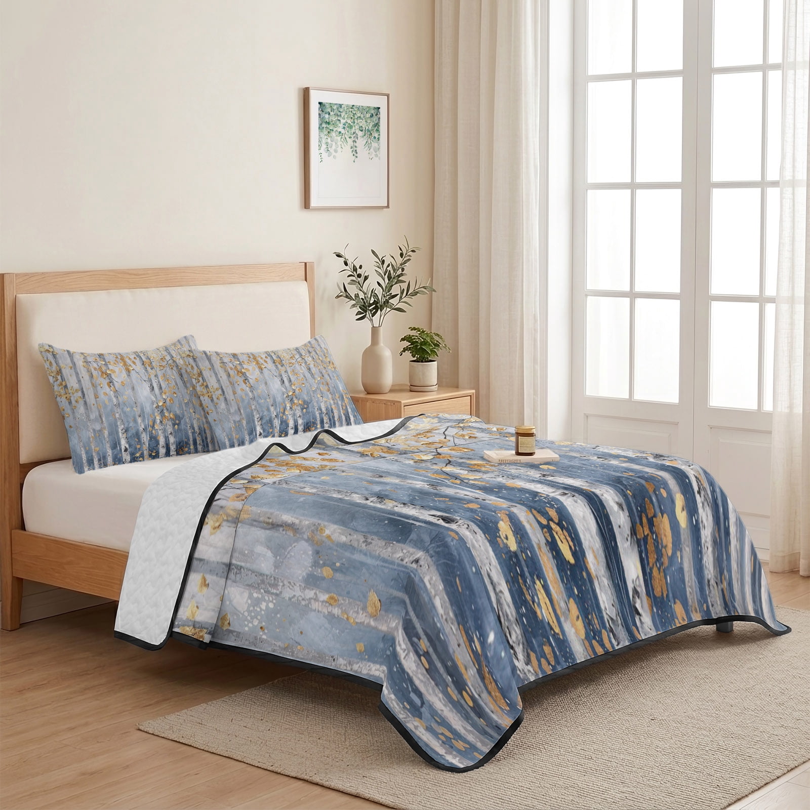 Abstract Forest Birch Tree Gold Leaves 3 Pieces Quilt Set,1 Quilt with ...