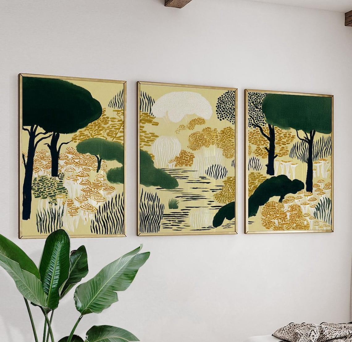Abstract Forest Botanical Green Yellow Nature Triptych Set 3 Stretched ...
