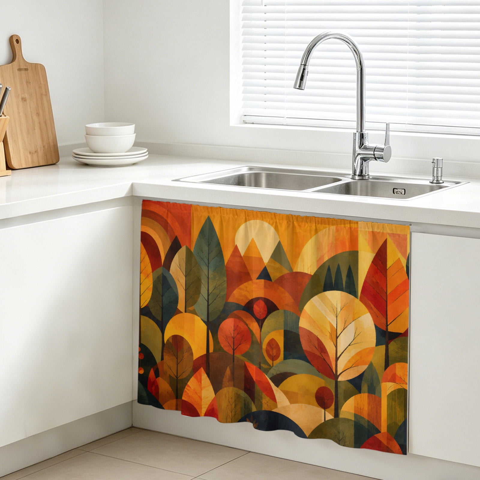 Abstract Forest Cabinet Curtains for Kitchen 28"Wx35"L, Boho Fall ...