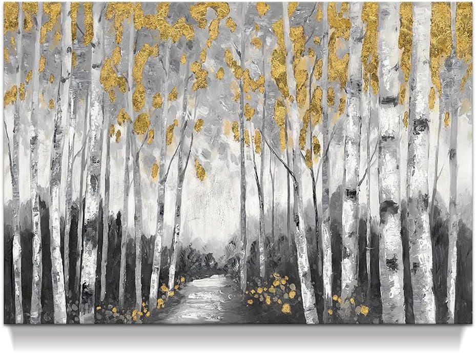 Abstract Forest Canvas Wall Art: Birch Tree Picture Gold Painting ...