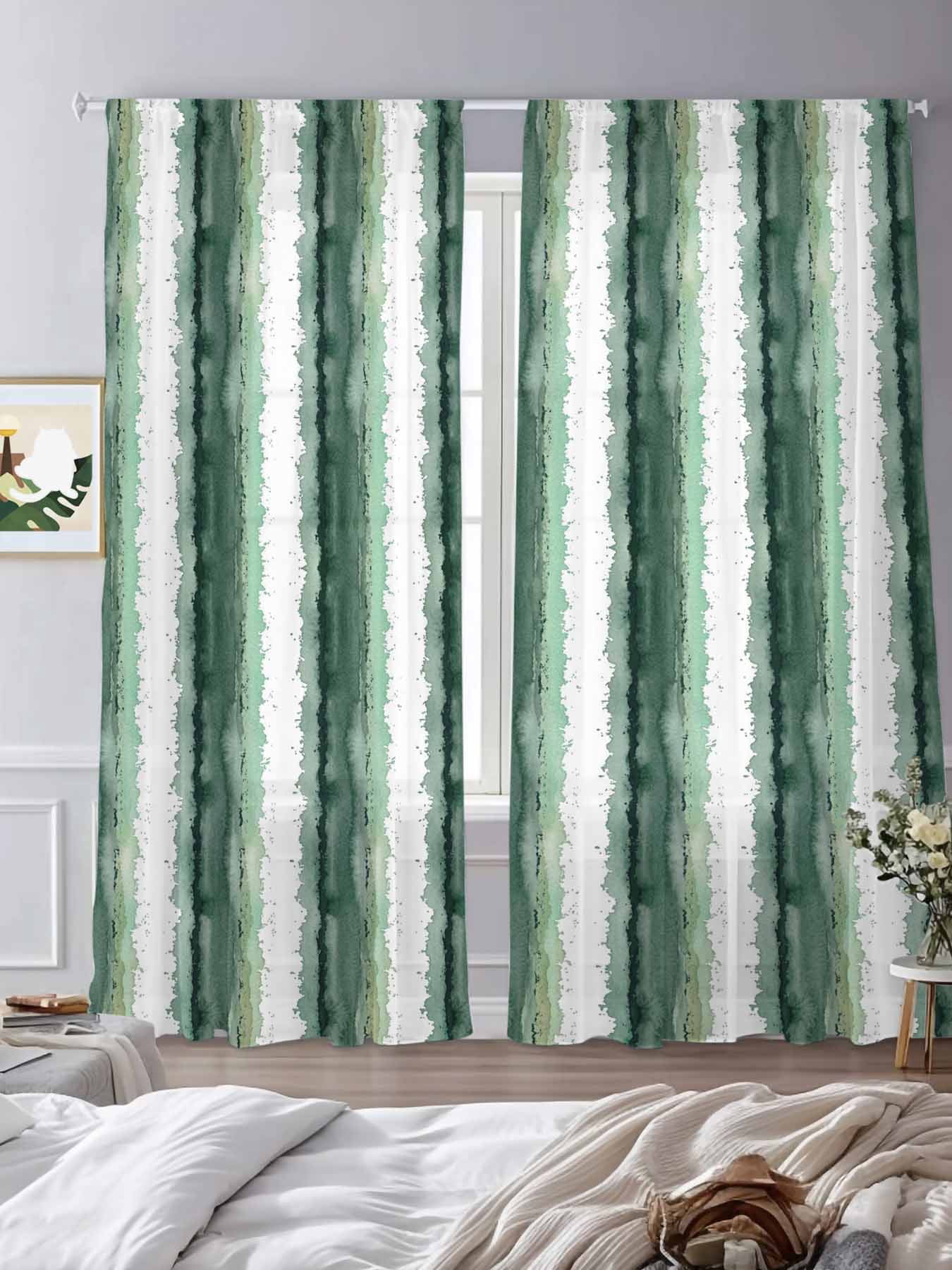 Abstract Forest Green White Stripe Sheer Curtains 2 Panels Set Modern ...