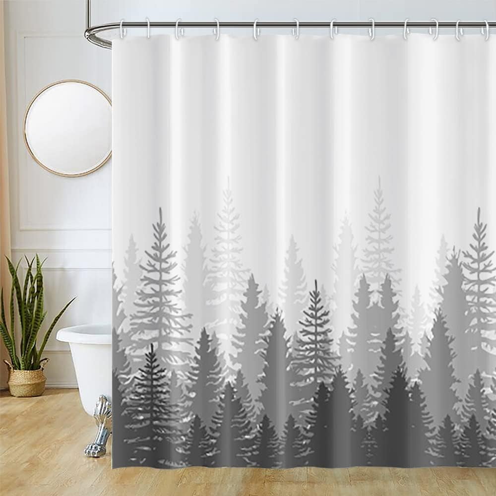 Abstract Forest Landscape Shower Curtains Grey Fuzzy Pine Trees Printed ...