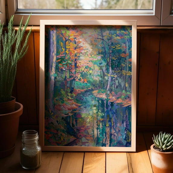 Abstract Forest River Wall Art, Colorful Impressionist Woodland Decor ...