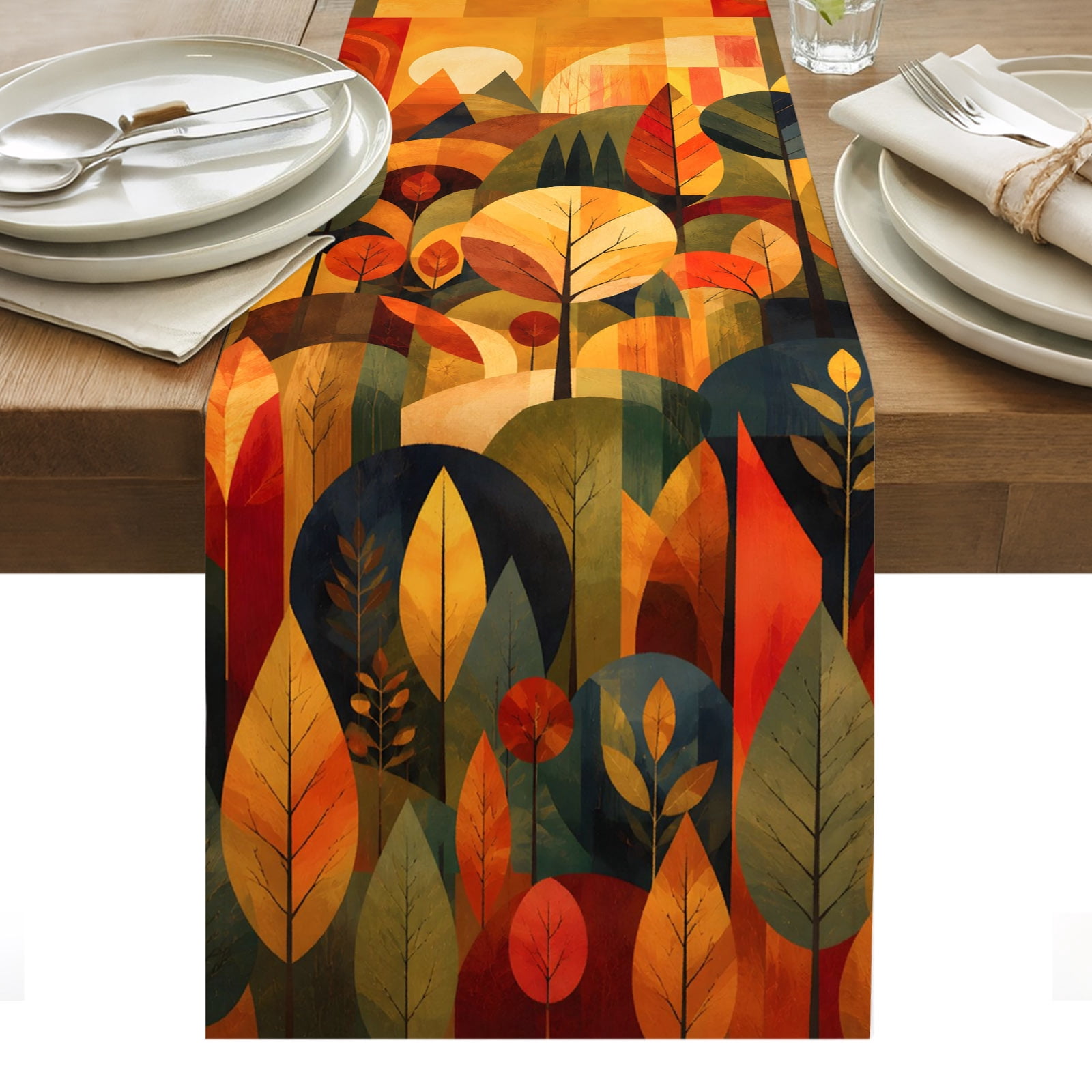 Abstract Forest Table Runner, Boho Fall Geometric Pointed Leaves Orange ...